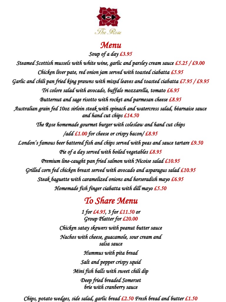 The Rose Food Menu June 2013 | PDF