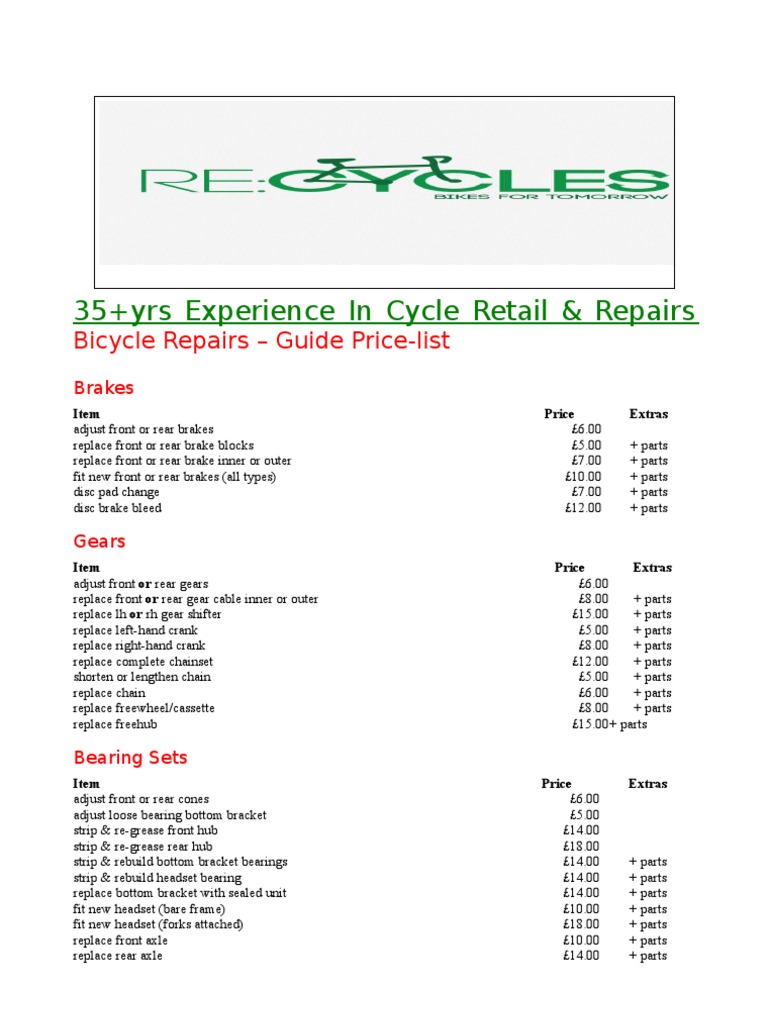 Repairs Price List | PDF | Human Powered Vehicles | Road Transport
