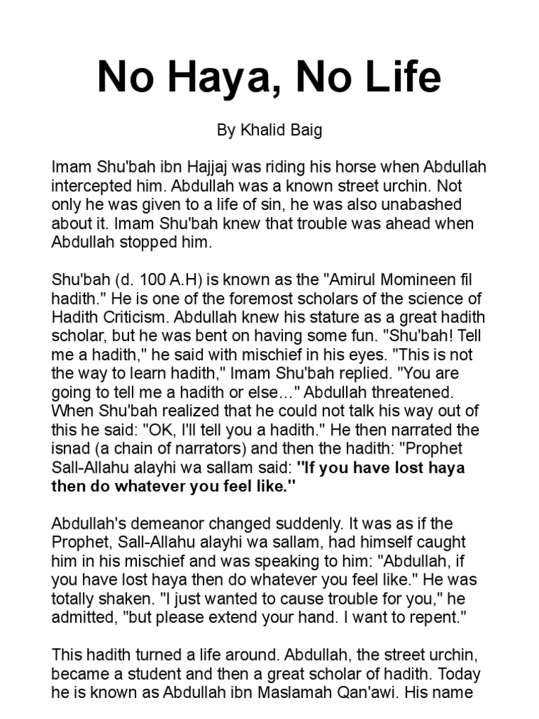 Haya & Shame | PDF | Hadith | Islamic Ethics