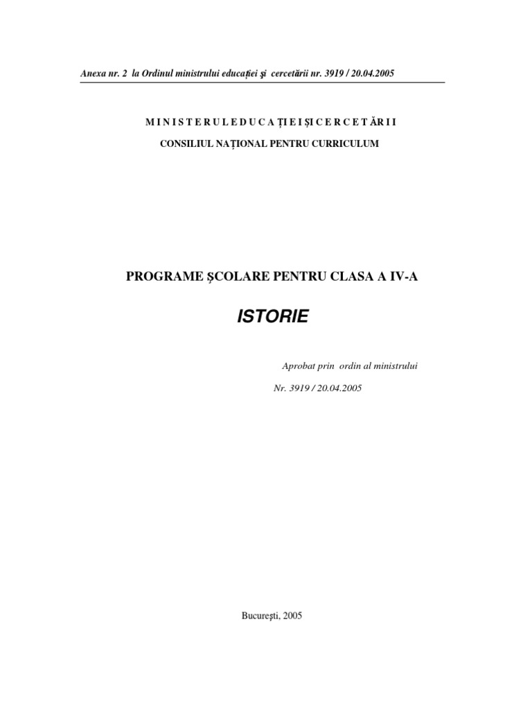 Programa Scolara Pentru Istorie Clasa IV-A. | PDF