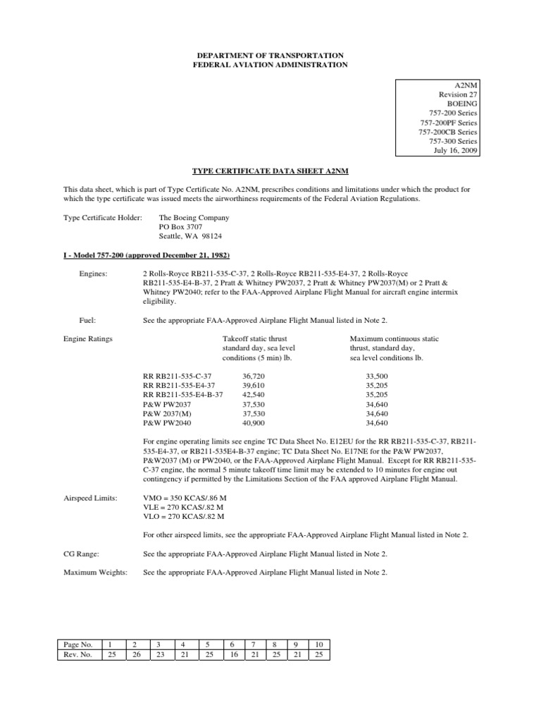 Boeing 757 Type Certificate Data Sheet | Airplane | Industries