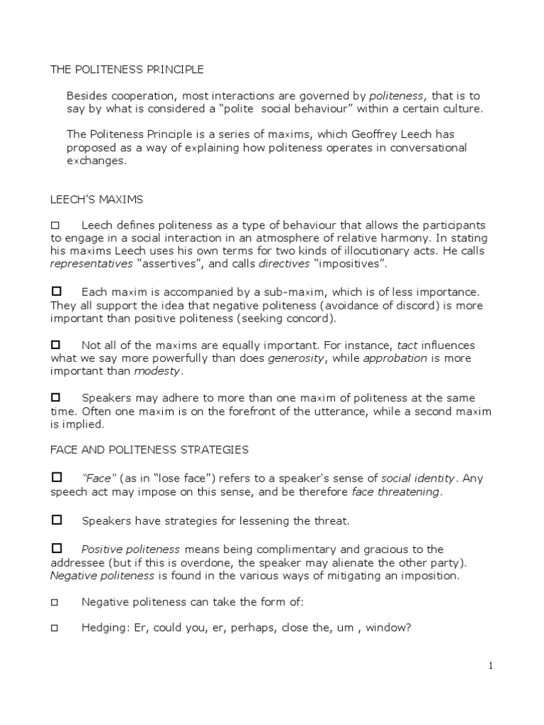 The Politeness Principle and Brown & Levinson's Theory of Politeness ...