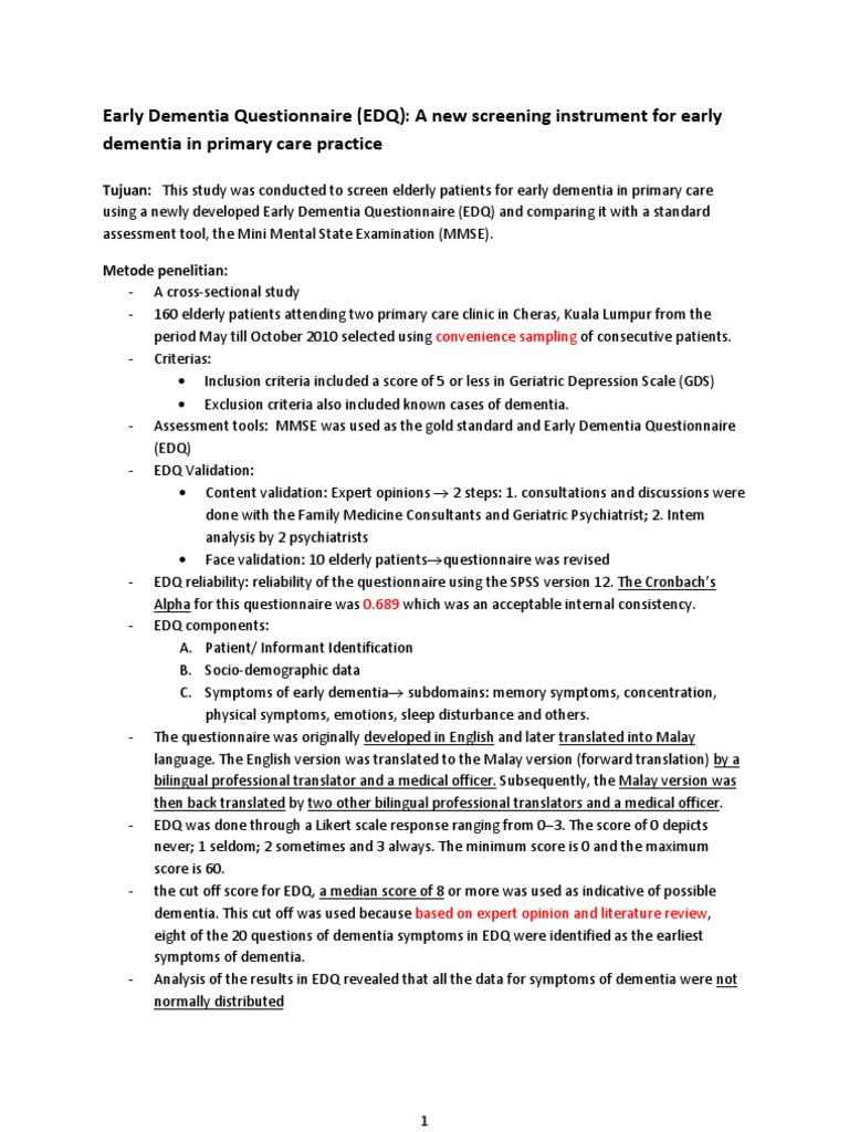 Early Dementia Questionnaire | Dementia | Geriatrics