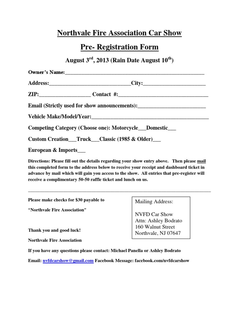 Northvale Fire Car Show Registration Form | PDF