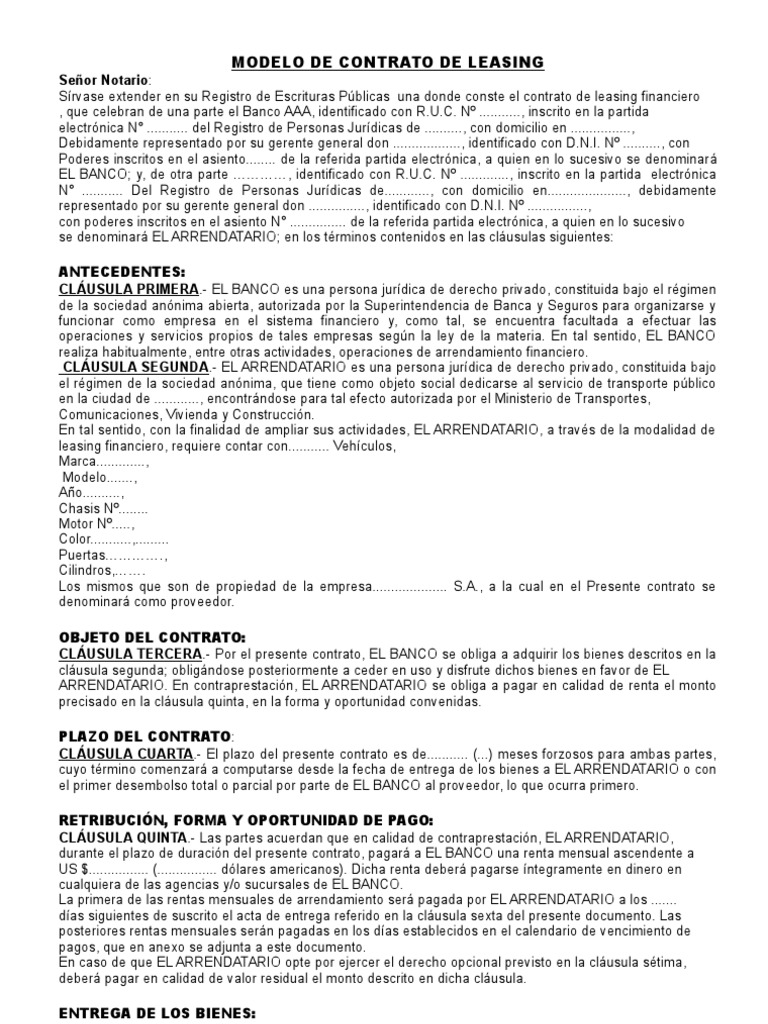 LEASING-Modelo de Contrato | Póliza de seguros | Bancos | Prueba ...