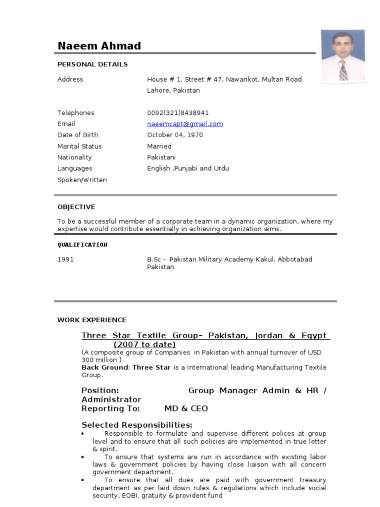 Capt Naeem Resume | PDF | Pakistan | Payroll