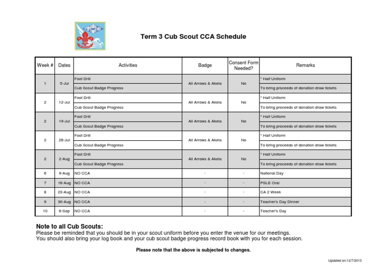 Term 3 Cub Scout CCA Schedule: Week # Dates Activities Badge Consent ...