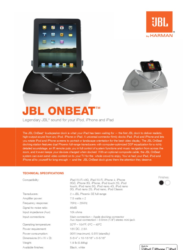 Specification Sheet - JBL OnBeat (English) | PDF
