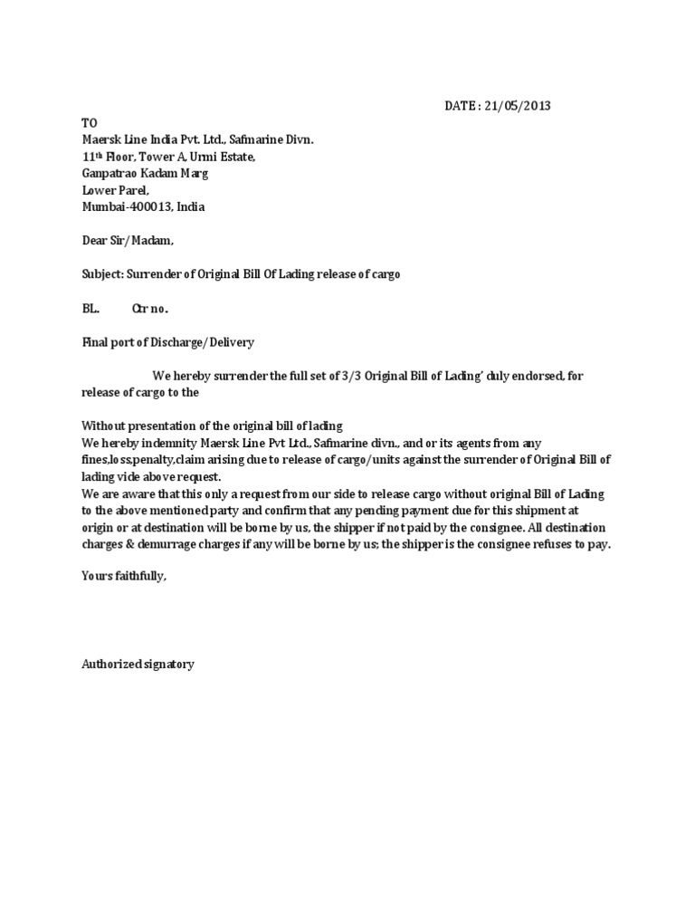 Safmarine Surrender Letter | PDF | Bill Of Lading | Consignee