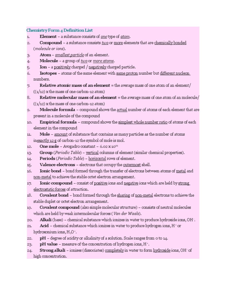 Comprehensive Chemistry Definitions for Forms 4 and 5: Key Terms in ...