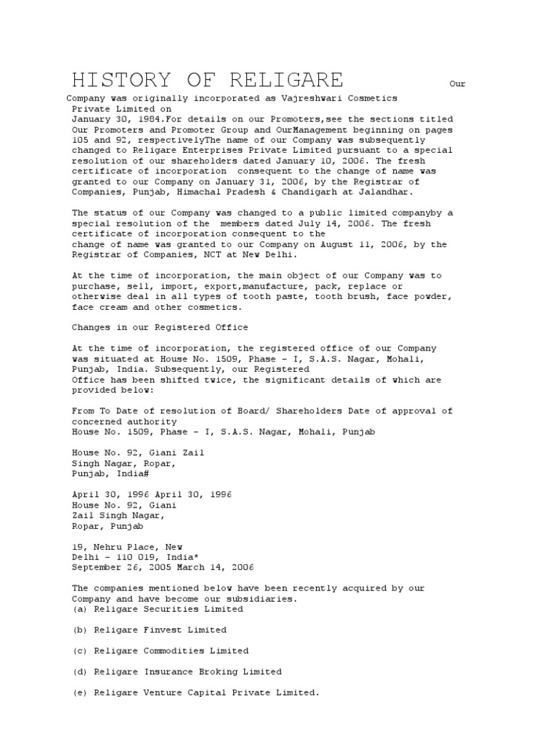 HISTORY of RELIGARE Our Company Was Originally Incorporated As ...
