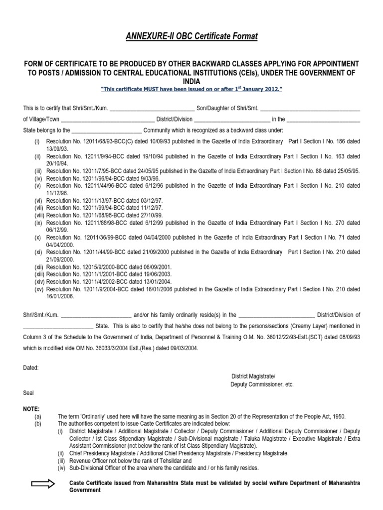 OBC Certificate and Undertaking Formats | PDF | Government Of India ...
