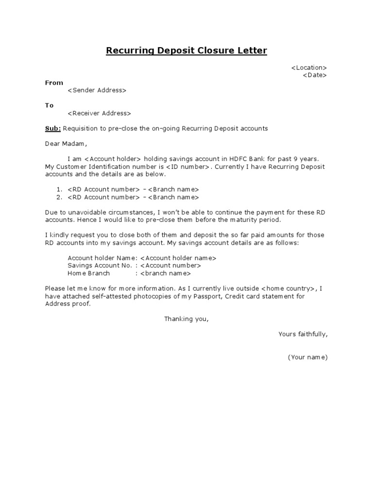 Recurring Deposit Closure Letter | PDF | Deposit Account | Payments