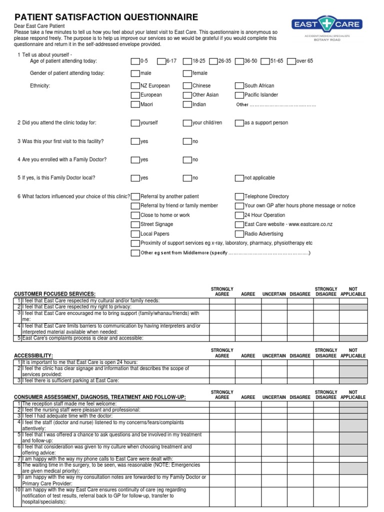 East Care Patient Satisfaction Survey | PDF | Nursing | Patient