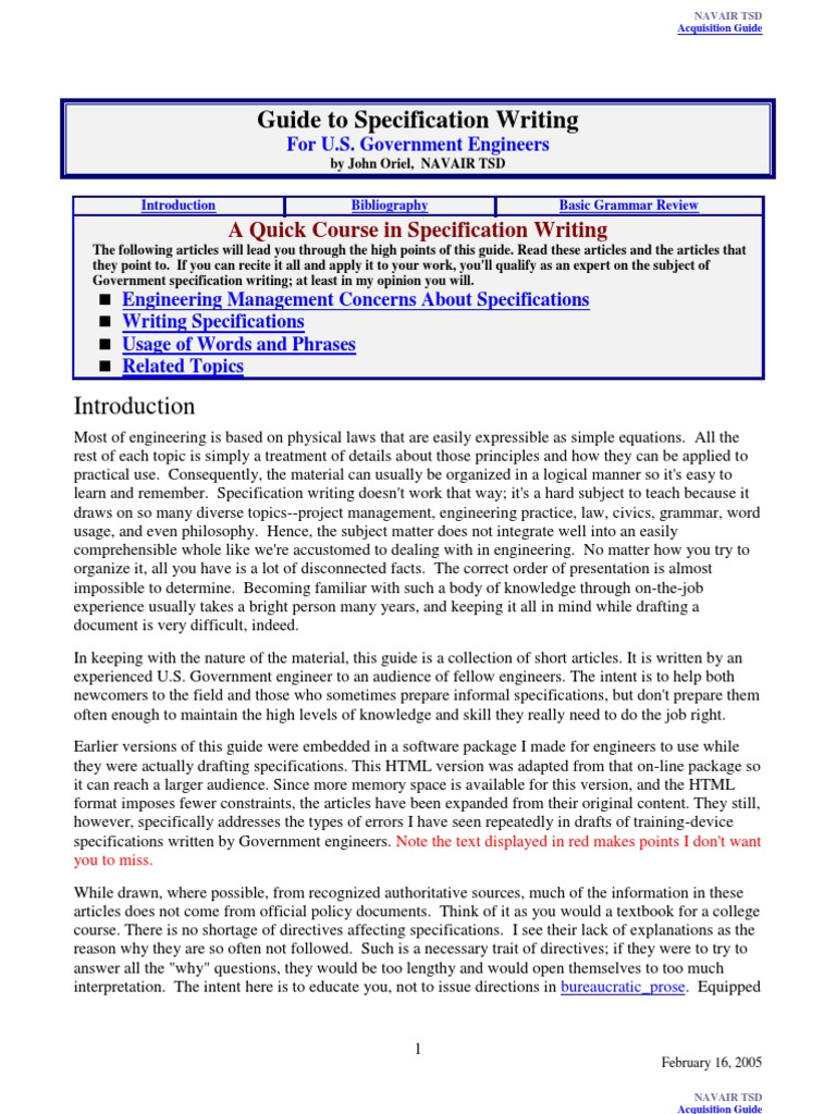 Guide To Specification Writing | PDF