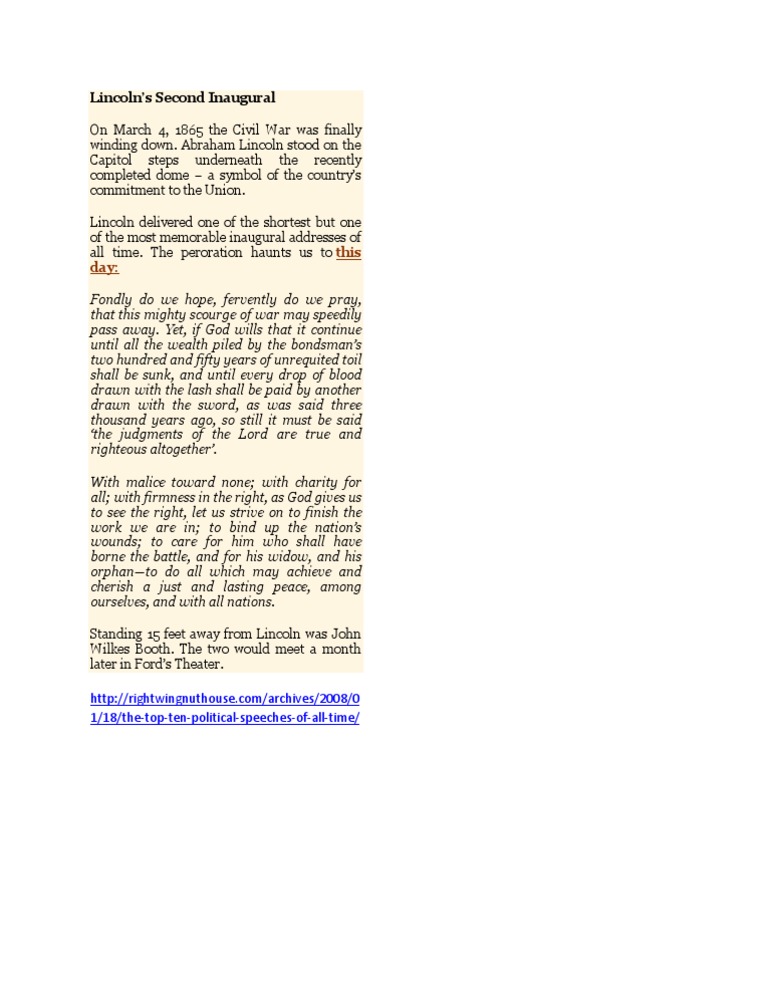 Lincoln's Second Inaugural Address Analysis | PDF