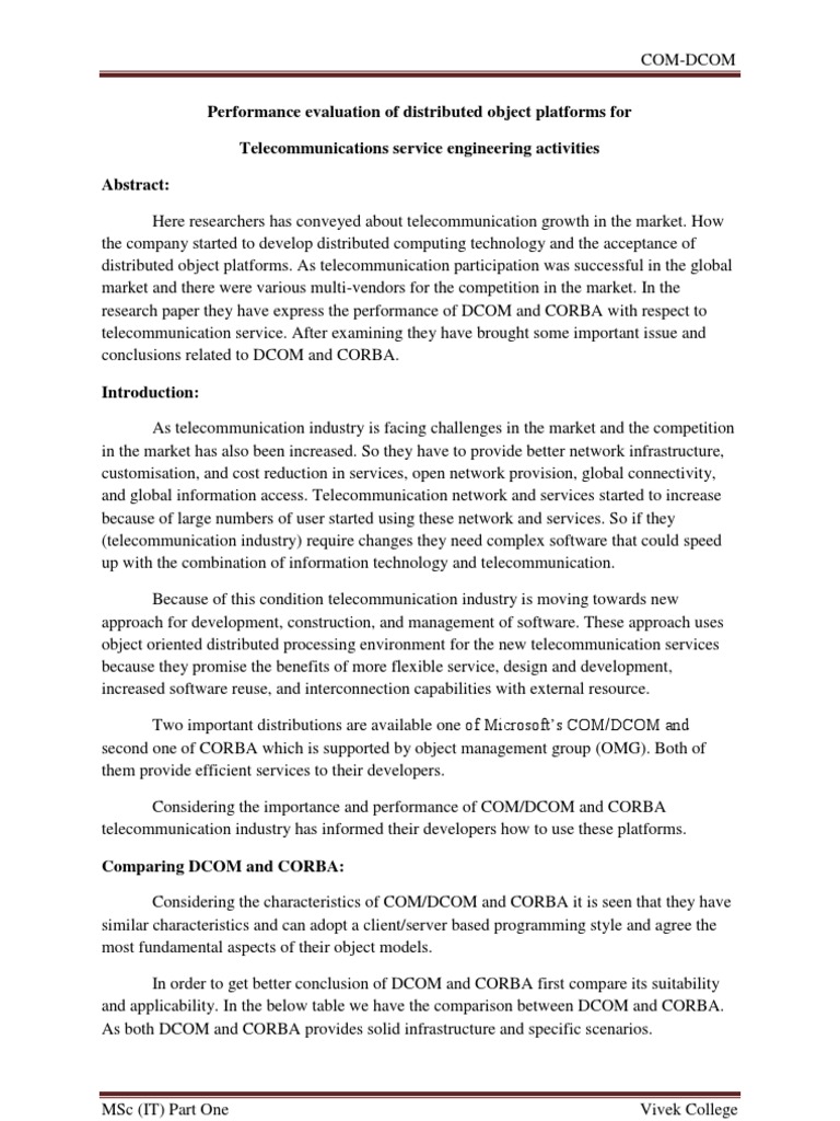 Performance Evaluation of Distributed Object Platforms For Telecommunications Service ...