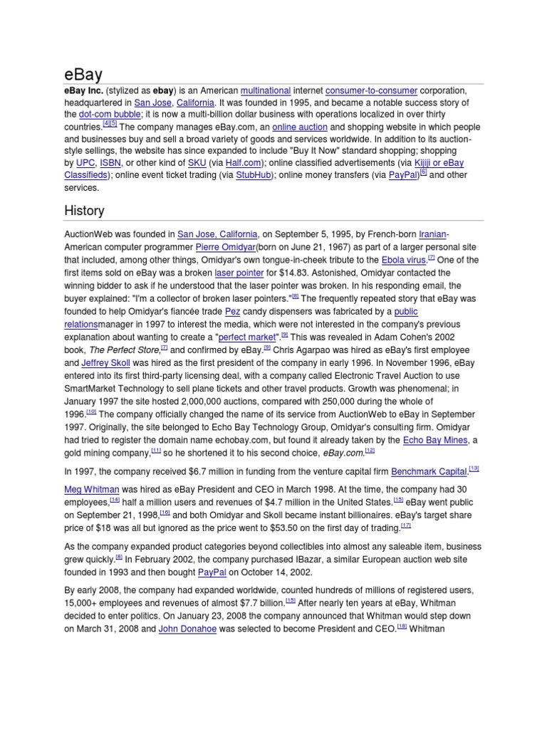 History: Ebay Inc. (Stylized As Ebay) Is An American | PDF | E Bay ...
