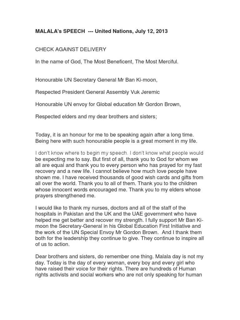 Malala Yousafzai Speech, UN, July 12, 2013 | PDF | Malala Yousafzai ...