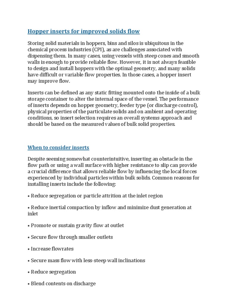Hopper Inserts For Improved Solids Flow | PDF | Friction | Solid