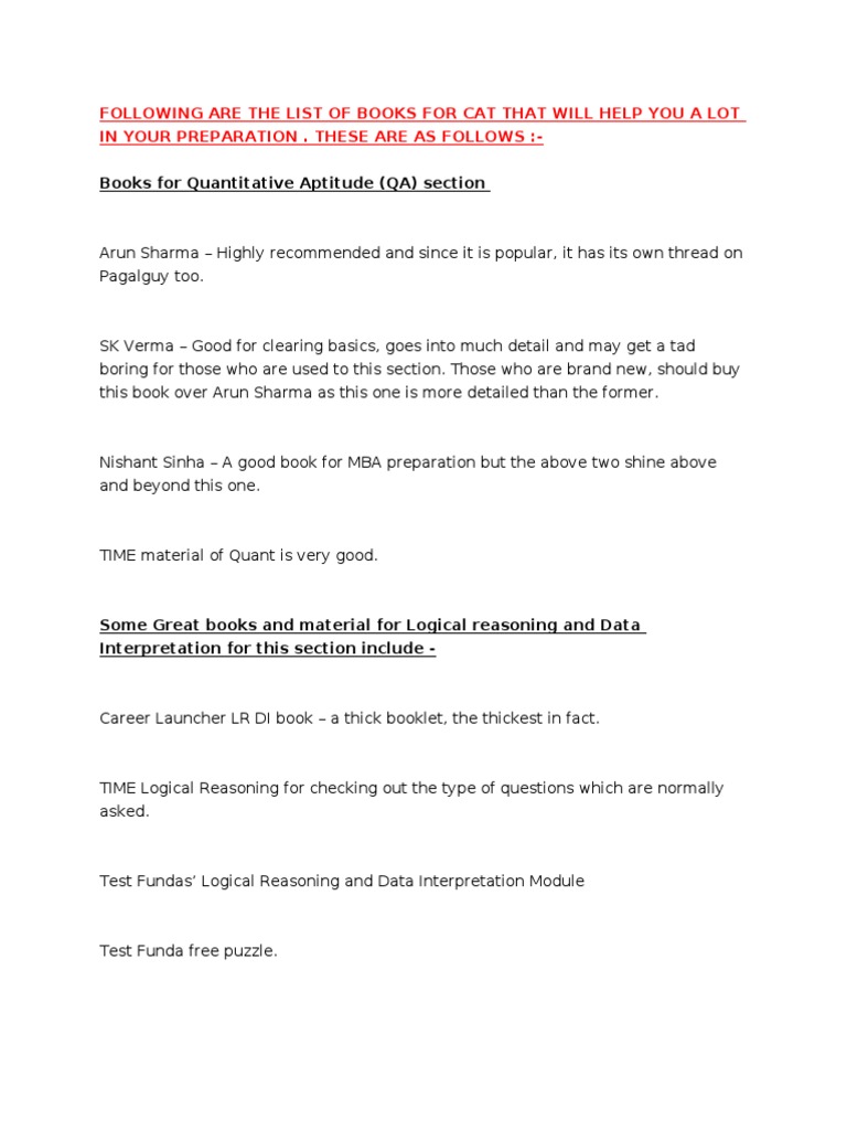 Recommended Books For CAT | PDF | Cognition