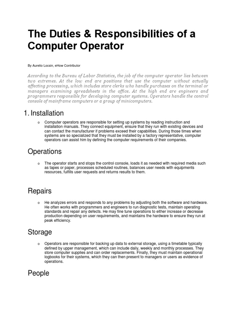 Computer Operator Duties and Responsibilities | Download Free PDF ...