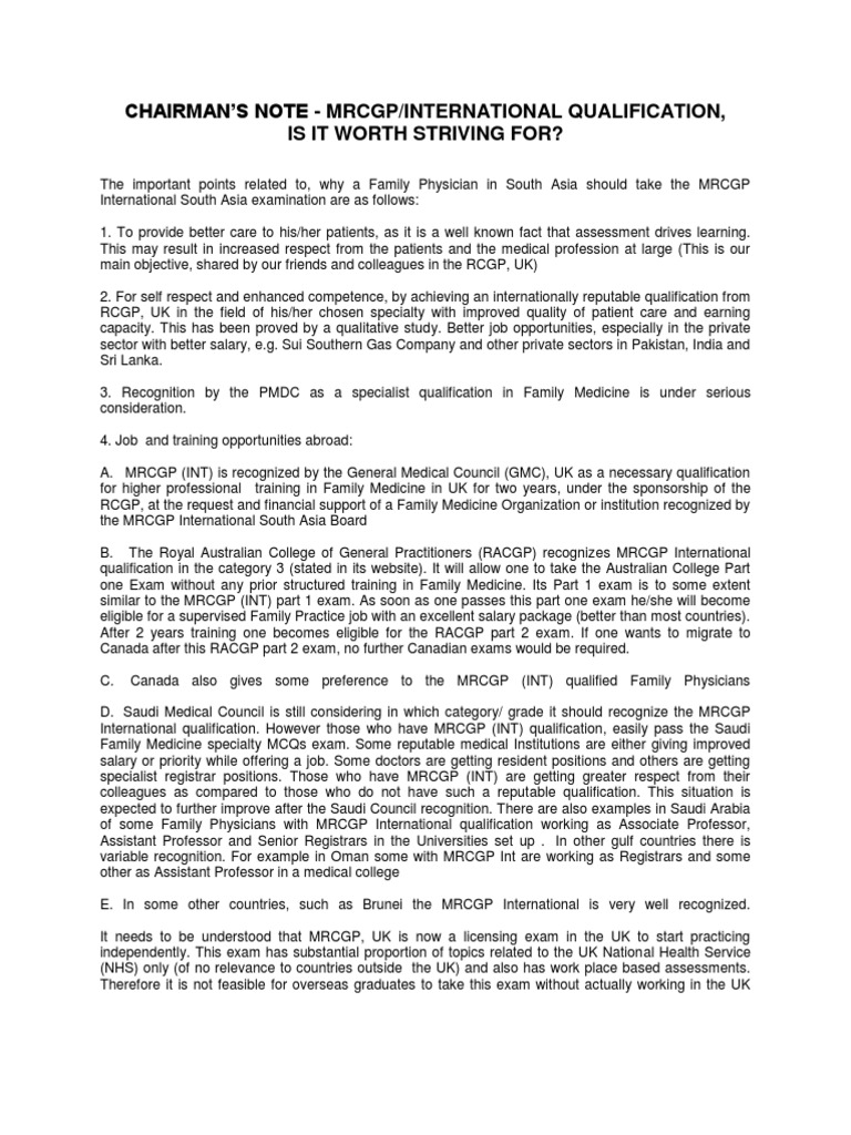 Chairman's Note-MRCGP INT | Download Free PDF | General Practitioner ...