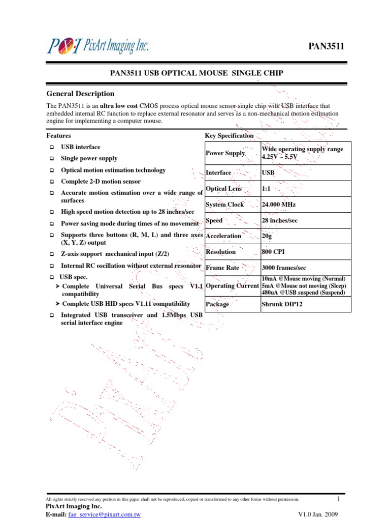 Datasheet Optical Mouse Sensor | PDF | Usb | Power Supply