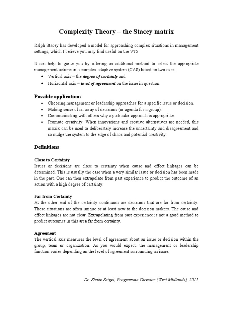 Complexity Theory - The Stacey Diagram | PDF | Creativity | Decision Making