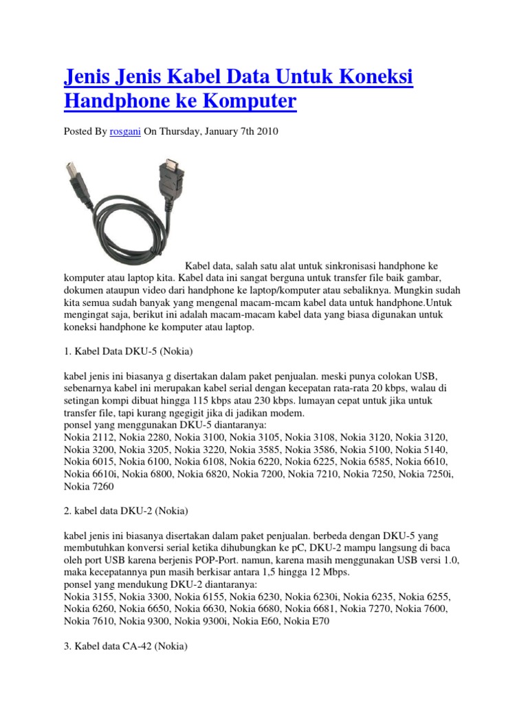 Jenis Jenis Kabel Data Untuk Koneksi Handphone Ke Komputer | PDF