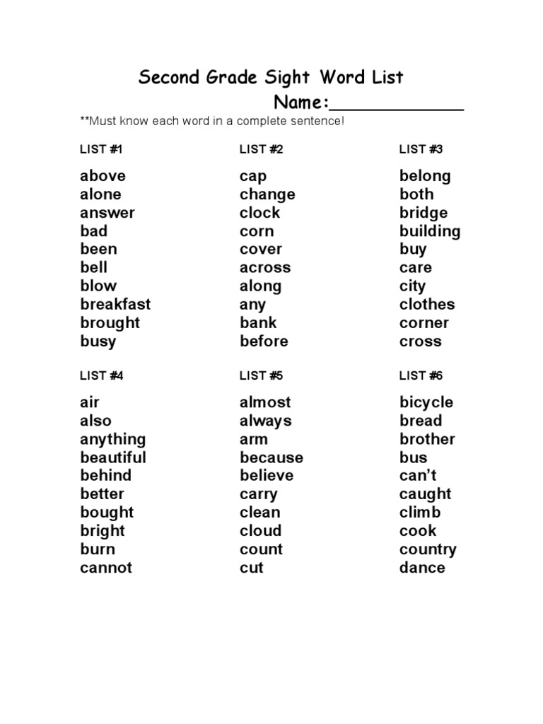 2nd Grade Sight Words | PDF