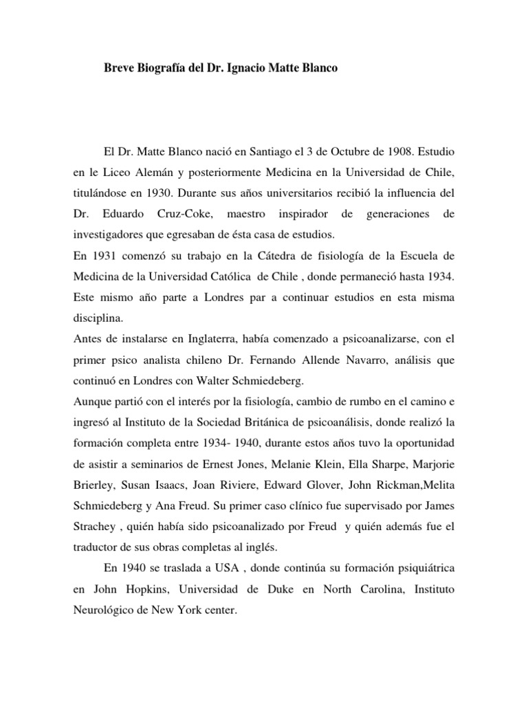 Biografía del Dr. Ignacio Matte Blanco | PDF | Psicoanálisis | Salud mental