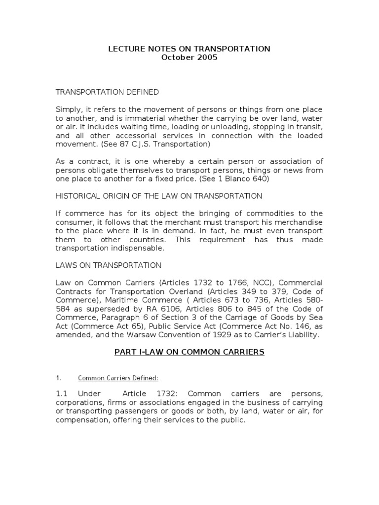 Lecture Notes On Transportation October 2005: 1. Common Carriers ...