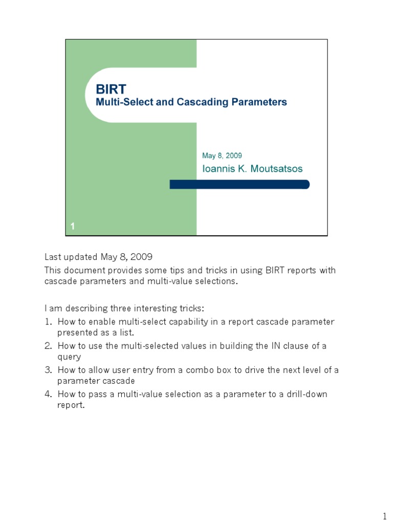 BIRT Multi Value Cascading Parameters | PDF | Parameter (Computer Programming) | Database Index