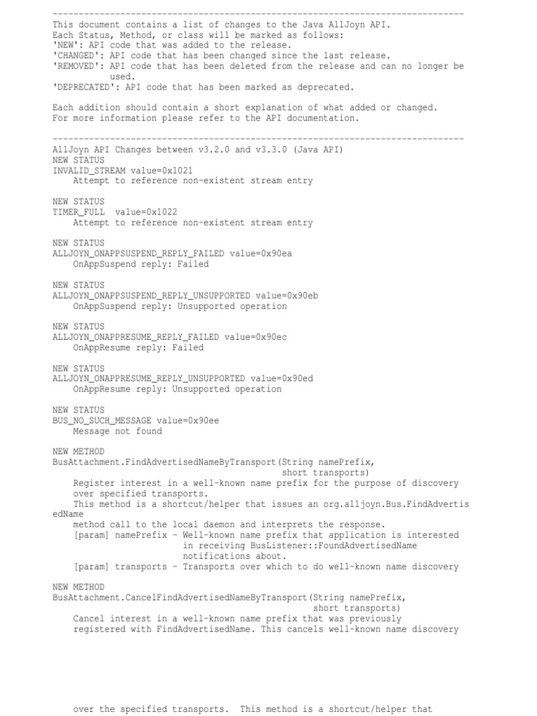 AllJoyn API Changes Java | PDF | Application Programming Interface | Hypertext Transfer Protocol