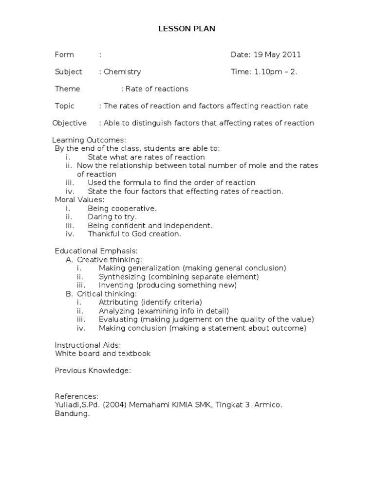 LESSON PLAN Rates of Reaction | PDF | Reaction Rate | Chemical Reactions