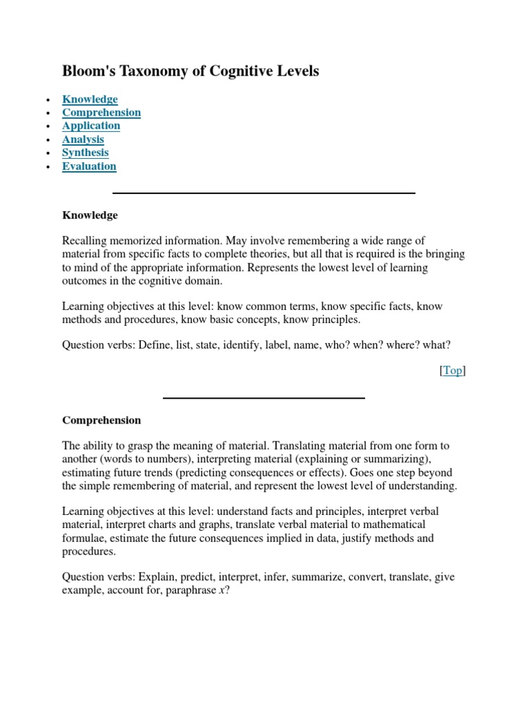 Bloom's Taxonomy of Cognitive Levels: Knowledge Comprehension ...