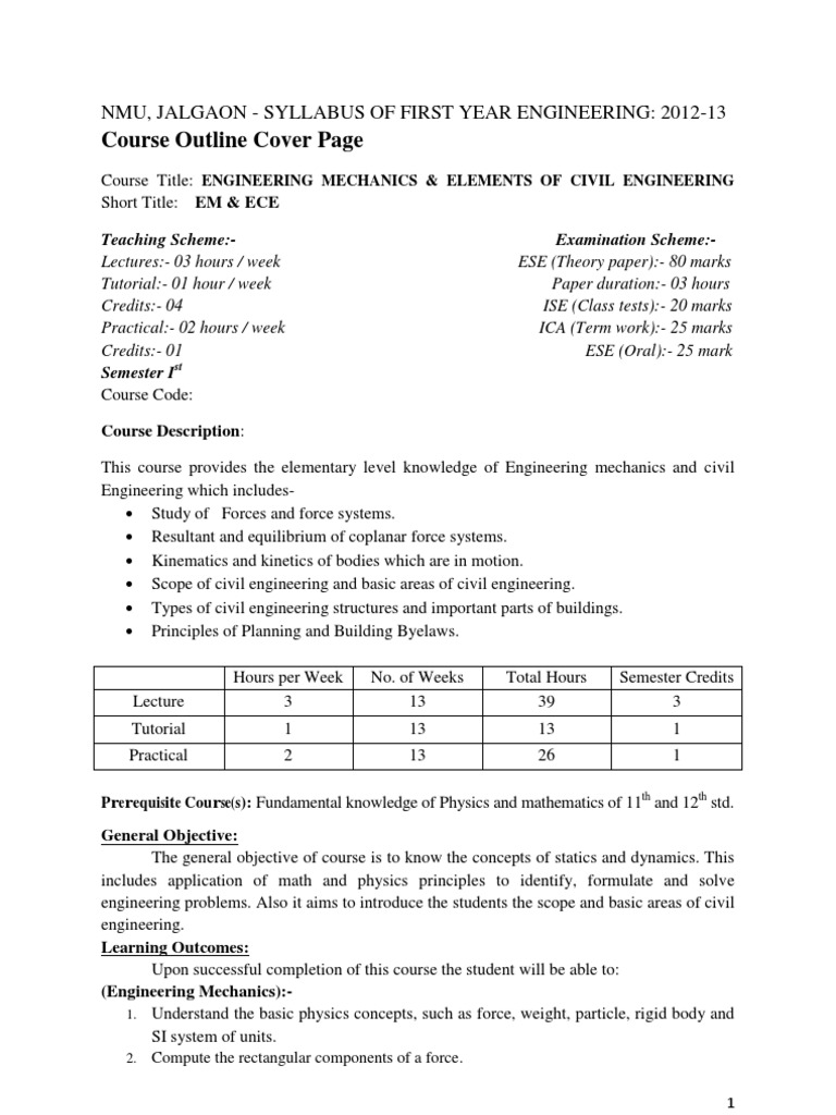 Course Outline Cover Page: Nmu, Jalgaon - Syllabus of First Year ...