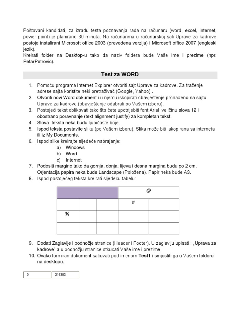 Primjer Testa Za Poznavanje Rada Na Racunaru (Word, Excel, Internet ...