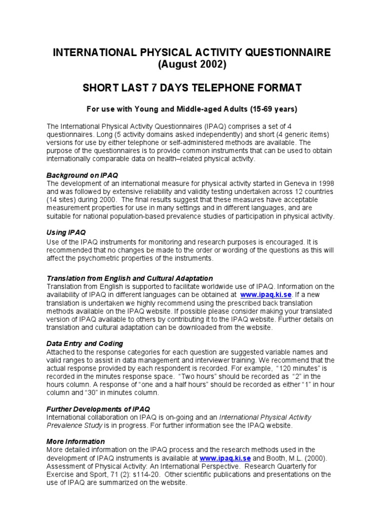 International Physical Activity Questionaire | Download Free PDF ...