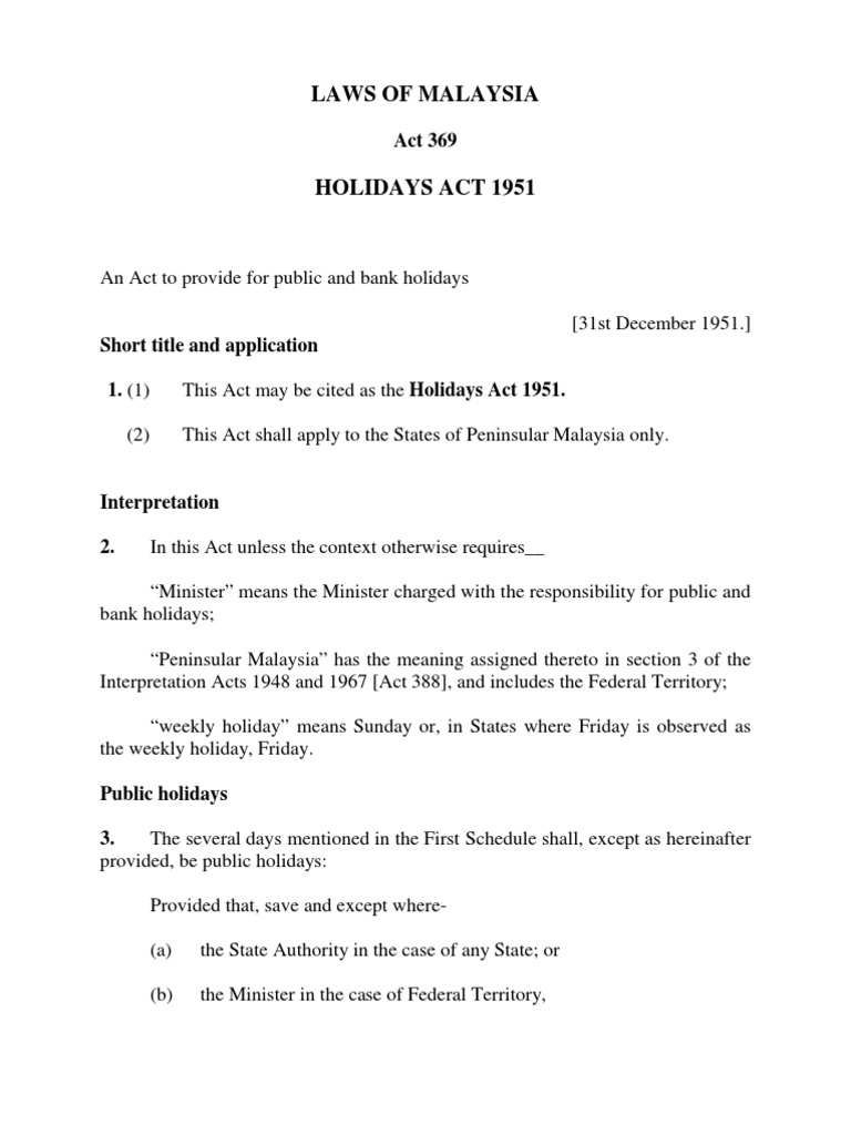 Holidays Act 1951 | Malaysia | Contractual Term