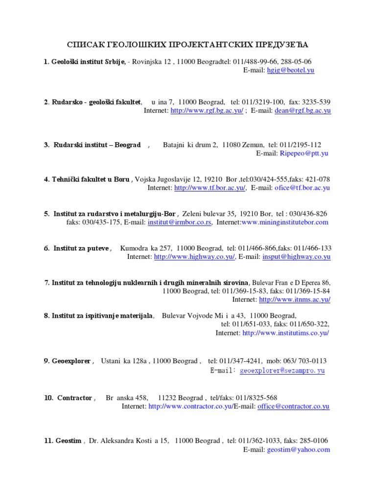 Spisak Geoloskih Preduzeca U Rs | PDF