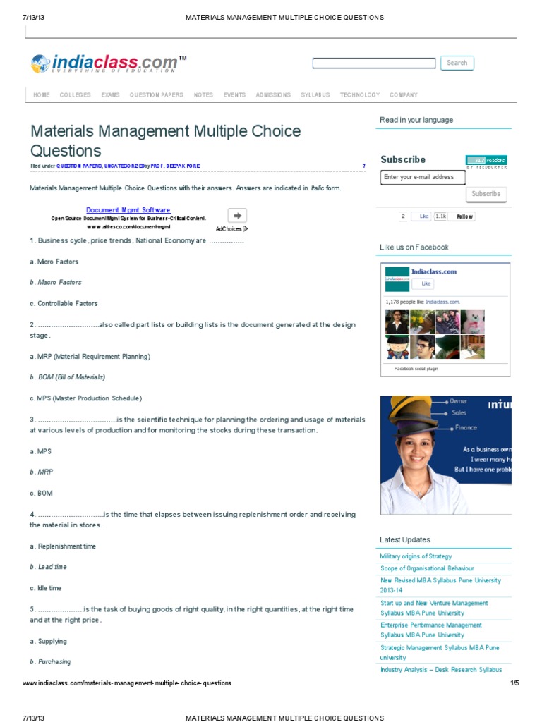 Materials Management Multiple Choice Questions | PDF | Procurement ...