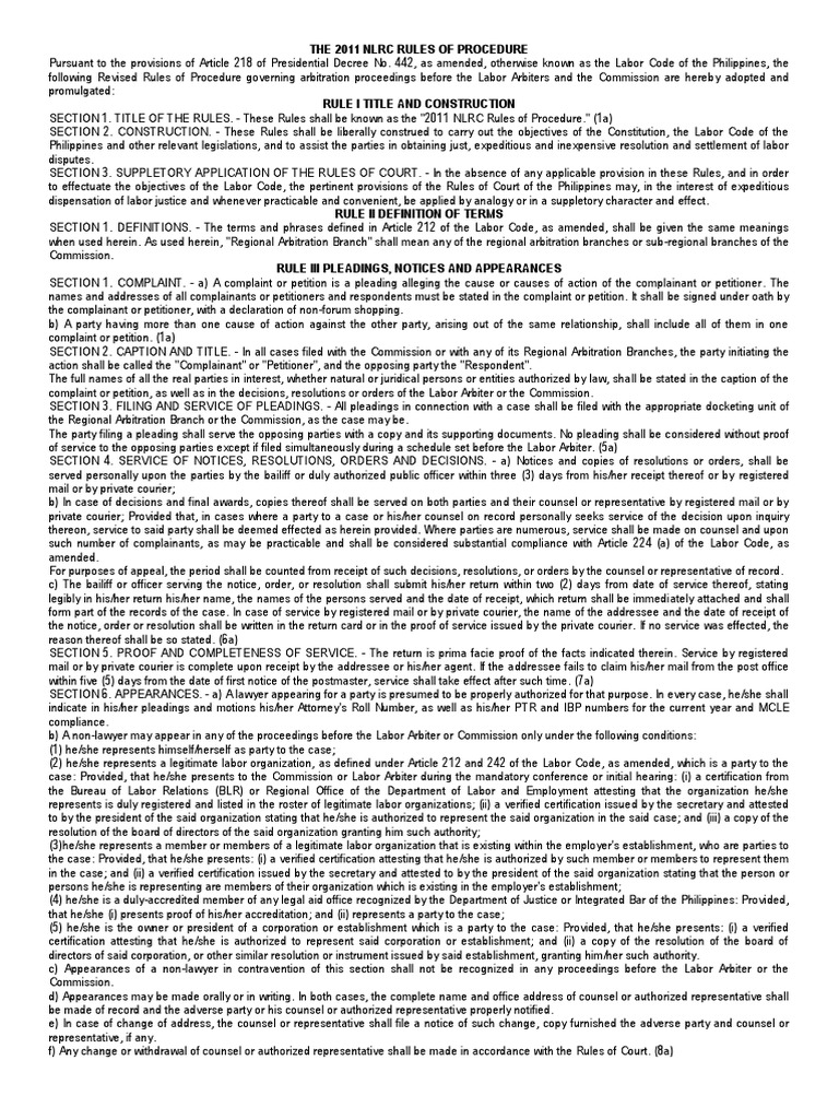 The 2011 NLRC Rules of Procedure | PDF | Arbitration | Pleading