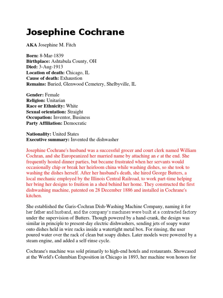 Josephine Cochrane | PDF | Dishwasher | Machines