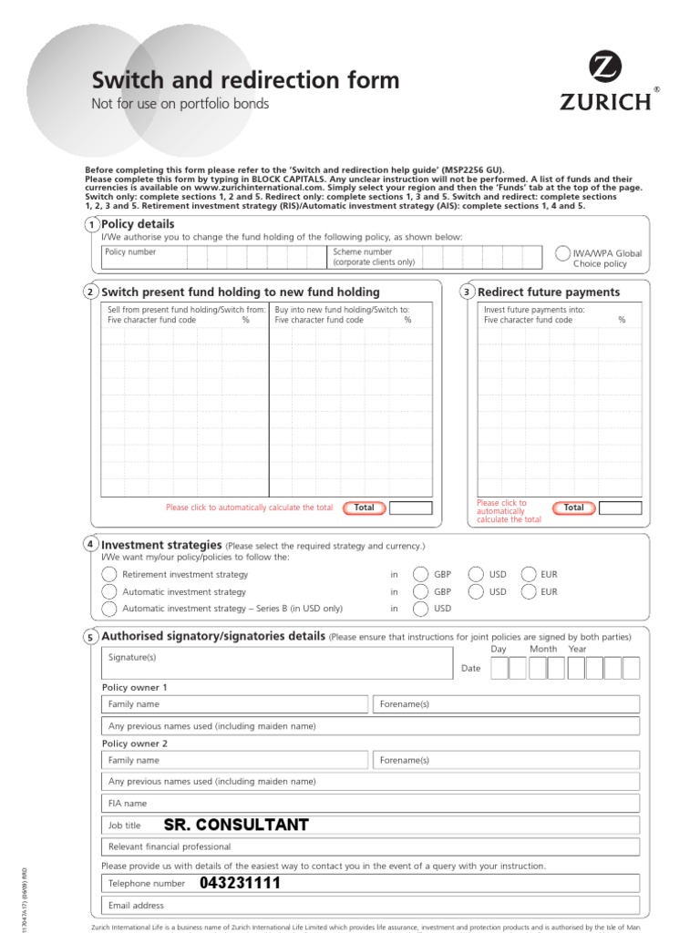 Zurich Vista Switch Form | PDF | Investment Strategy | Investing