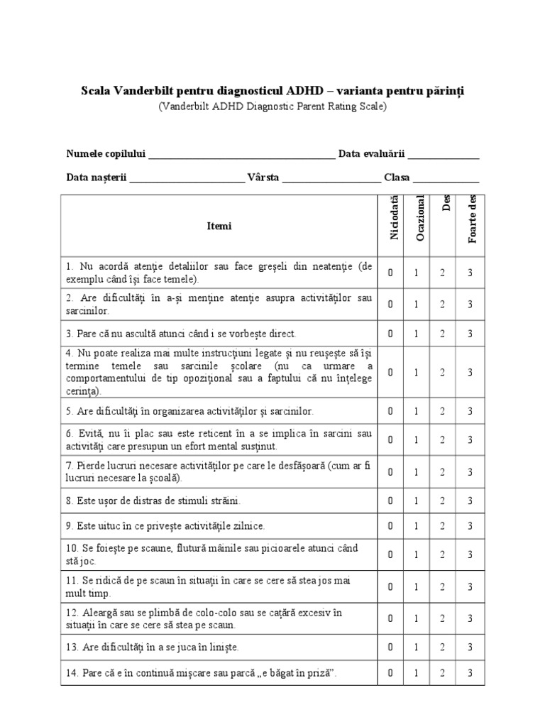Scala Vanderbilt Pentru Diagnosticul ADHD | PDF