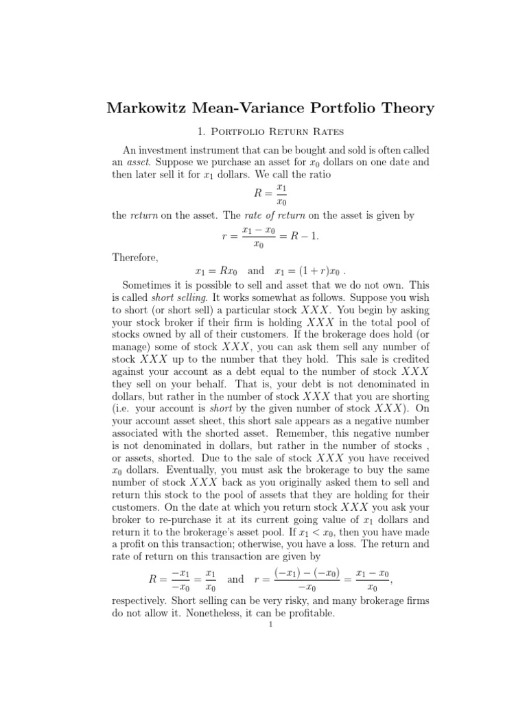 Markowitz Mean Variance Portfolio Theory Pdf Beta Finance