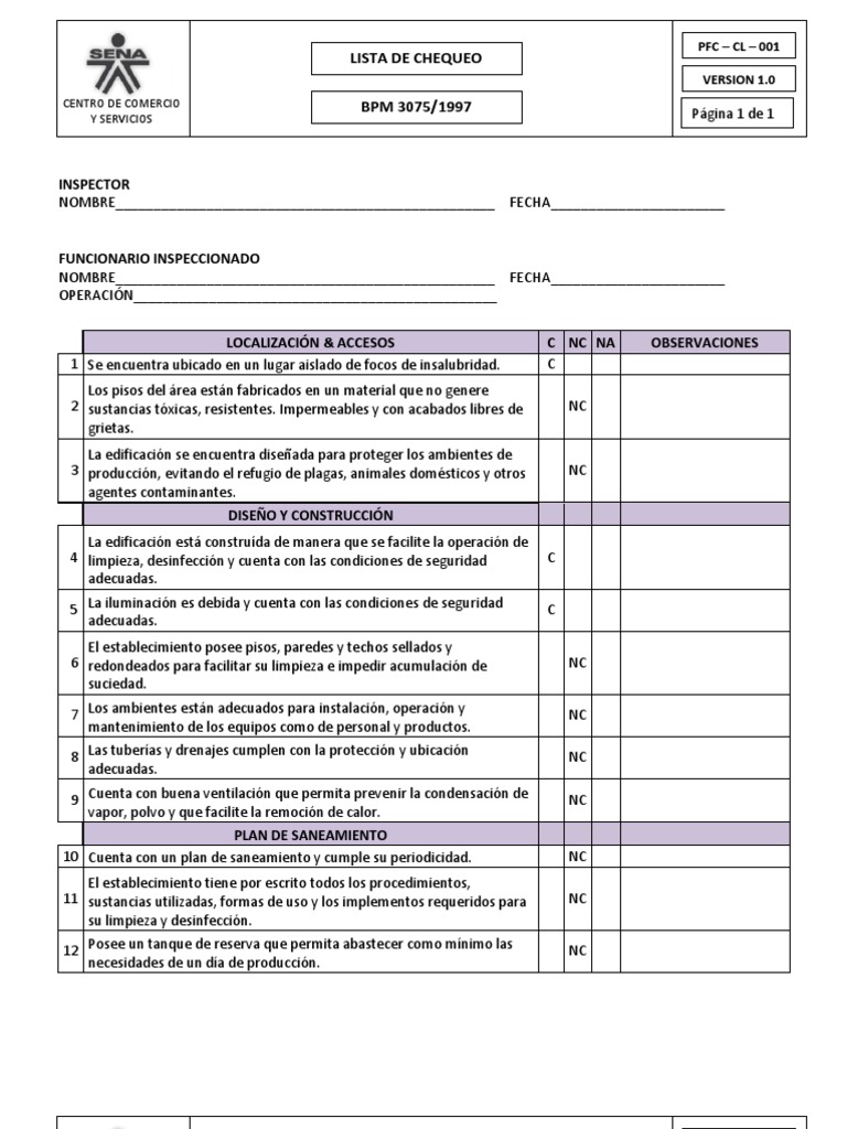 Formato Check List | PDF | Agua potable | Agua