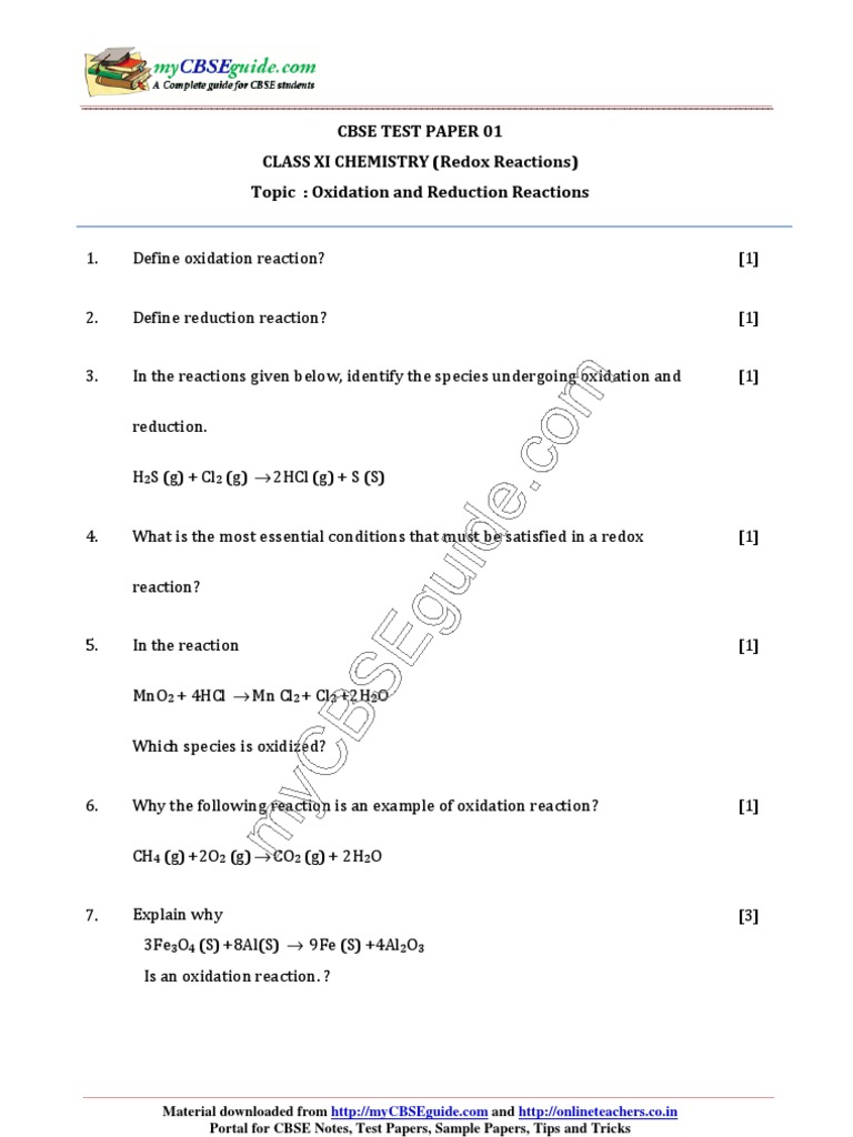 CBSE Class XI Redox Reactions Quiz | PDF | Redox | Chemical Reactions